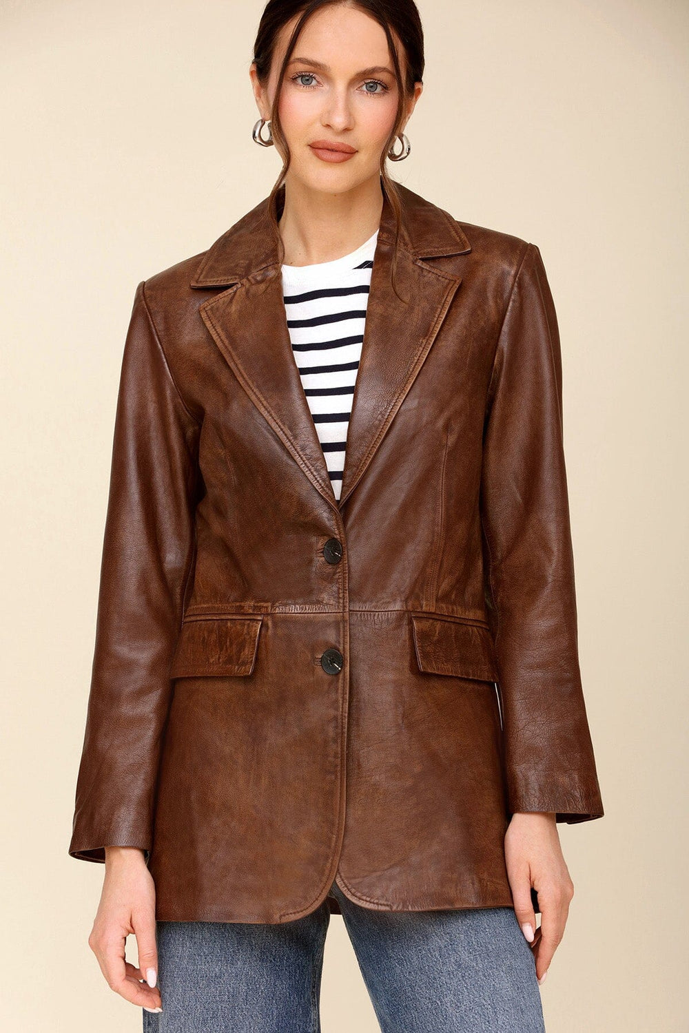 Vintage Wash Real Genuine Leather Women's Blazer Jacket