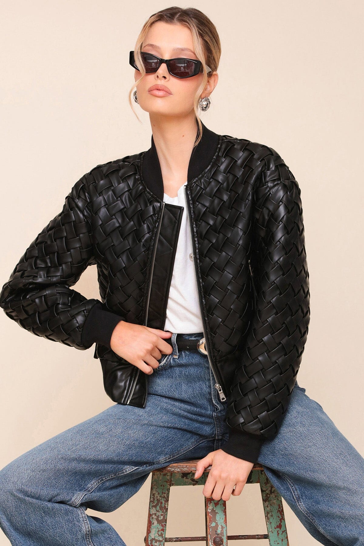 Women's Black Woven Weave Faux Leather Bomber Jacket