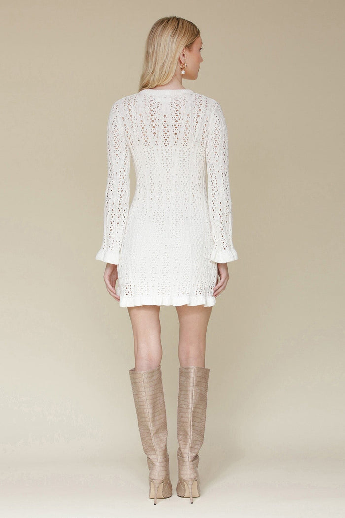 White Crochet Cotton Ruffle Trim Mini Dress