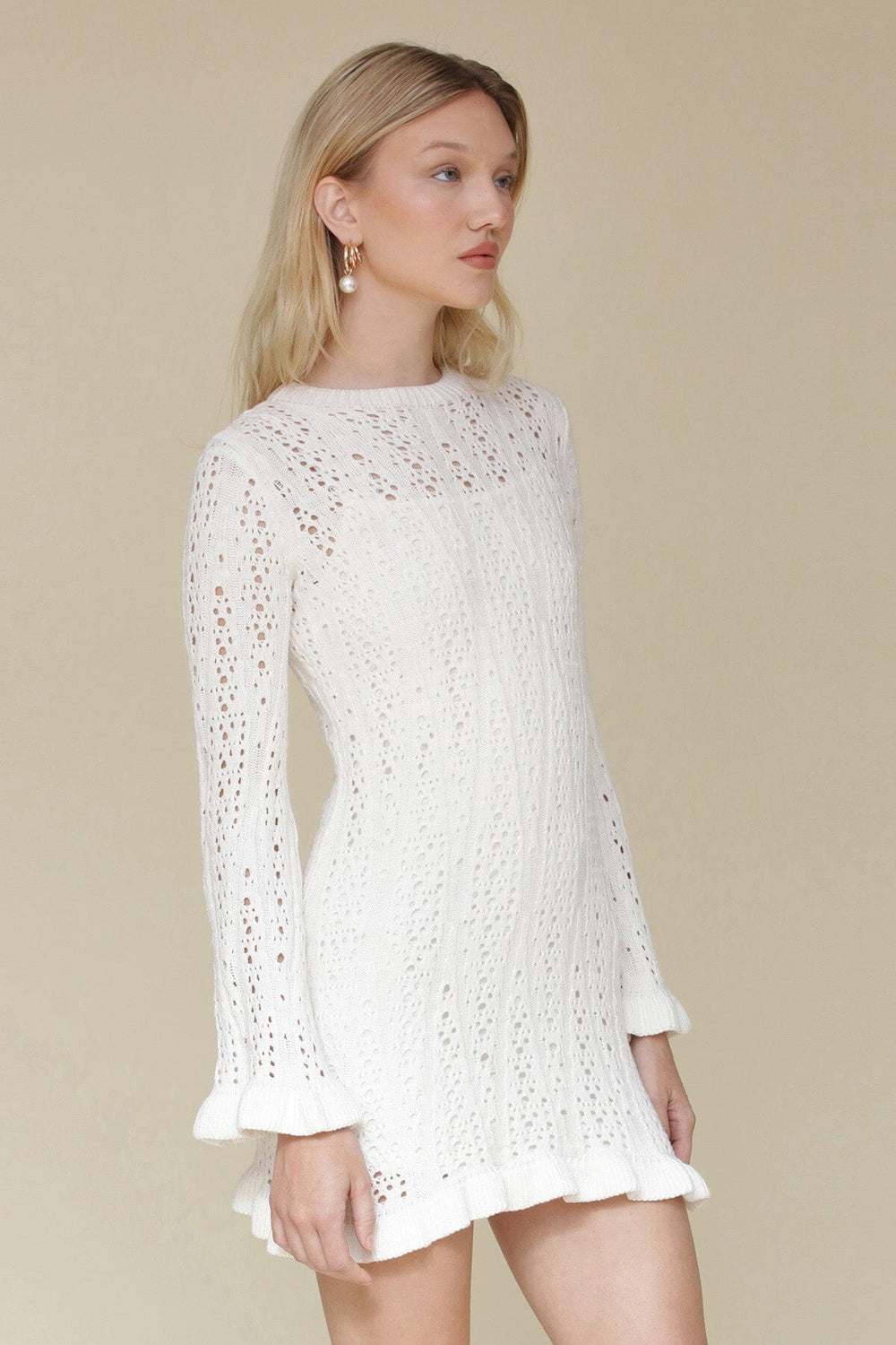 White Crochet Cotton Ruffle Trim Mini Dress