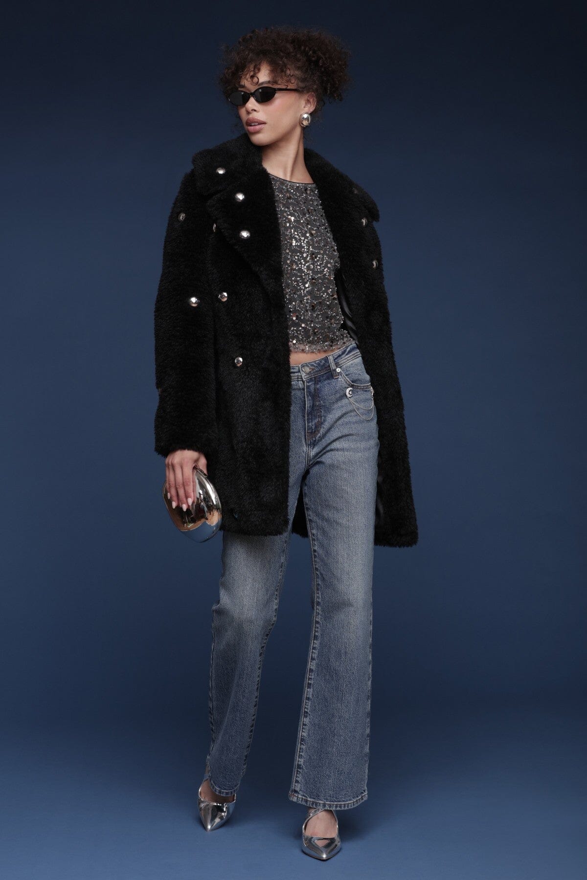 Belted, Studded Faux Fur Black Coat