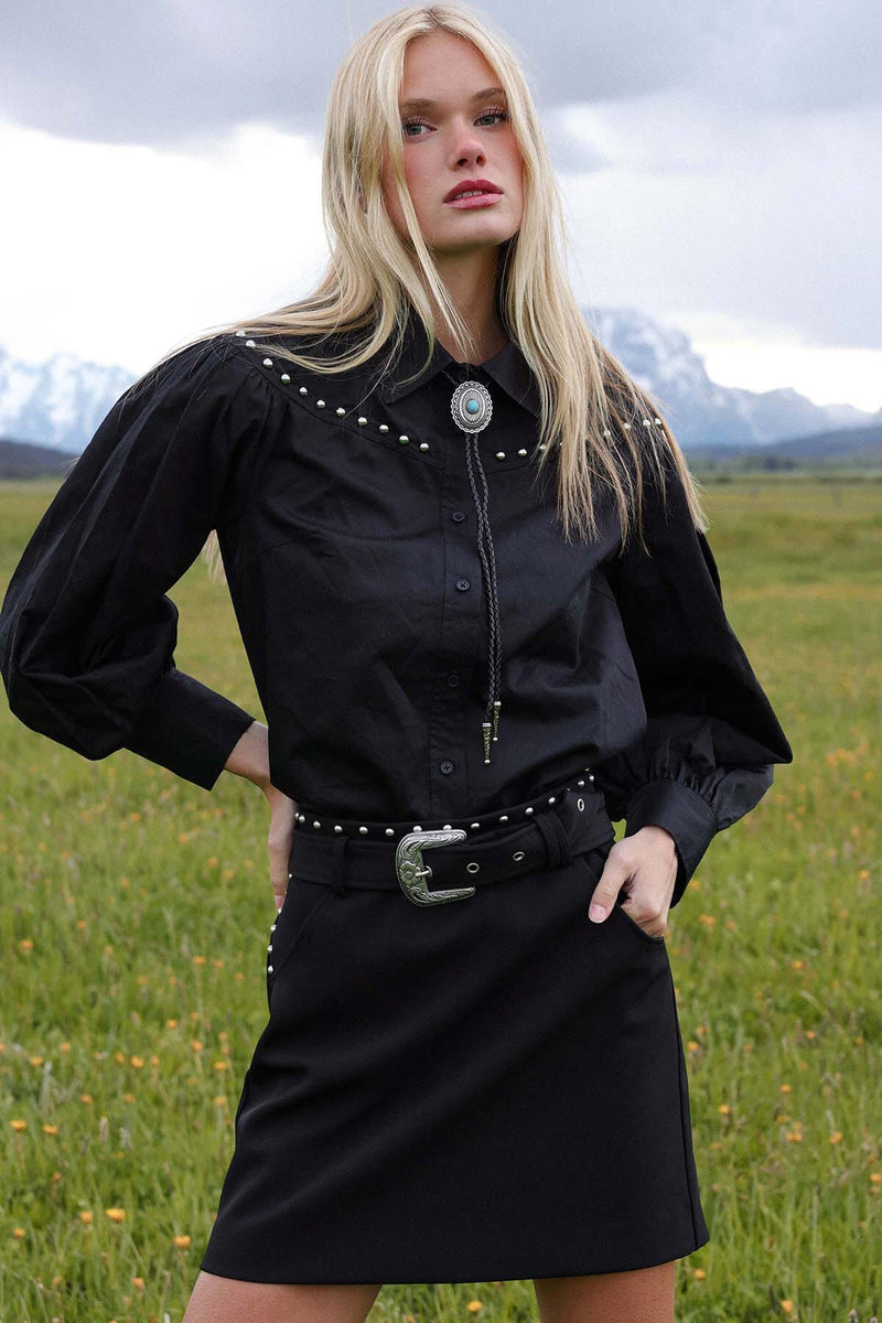 Western Studded Black Cotton Long Sleeve Shirt