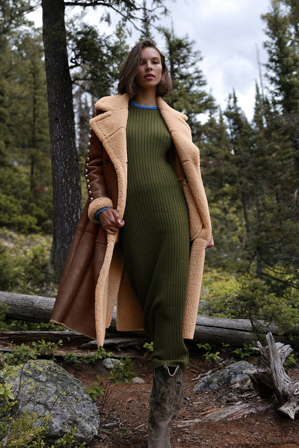 Studded Faux Shearling Brown Double-breasted Coat