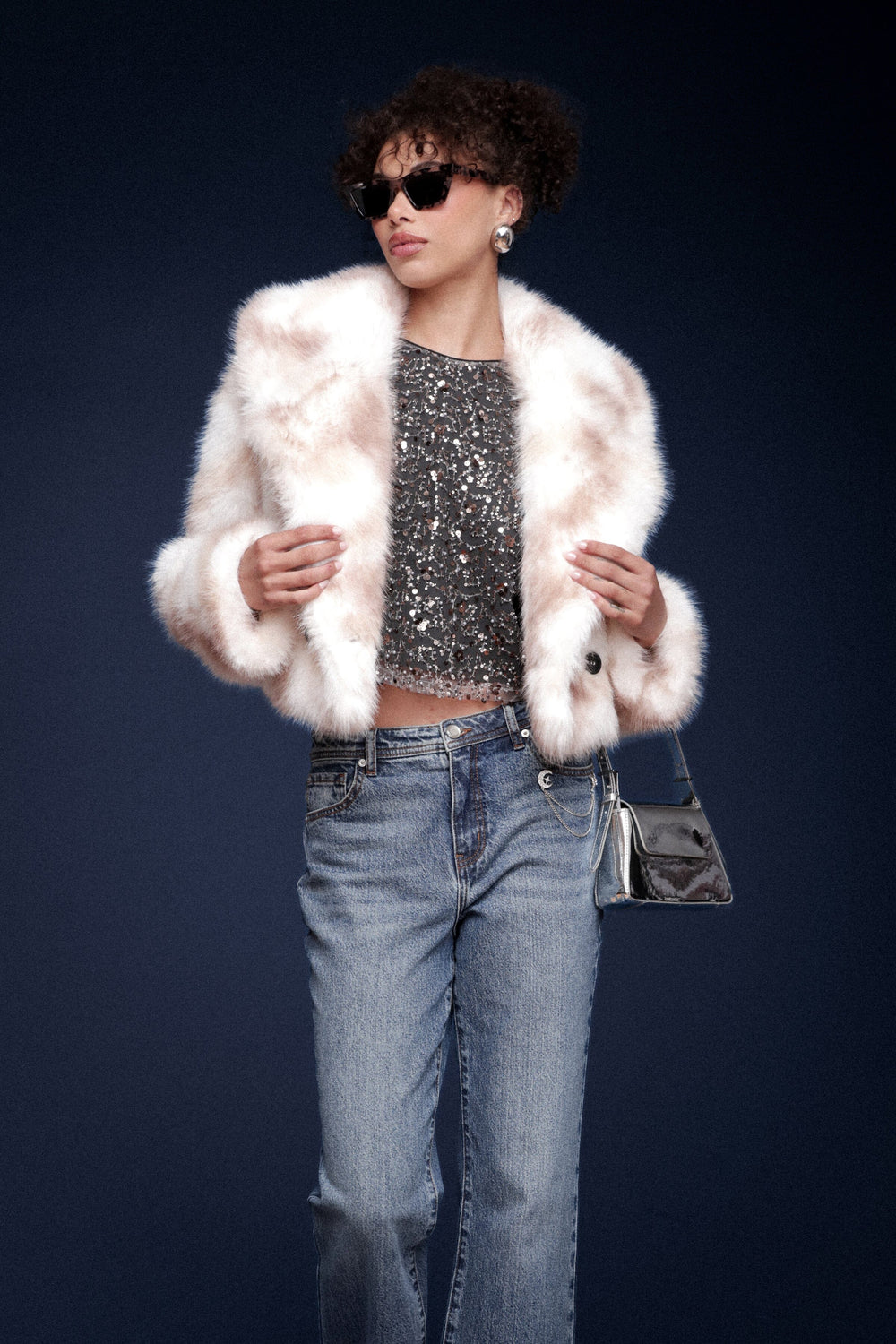 Marbled Faux Fur Cropped Double-breasted Coat