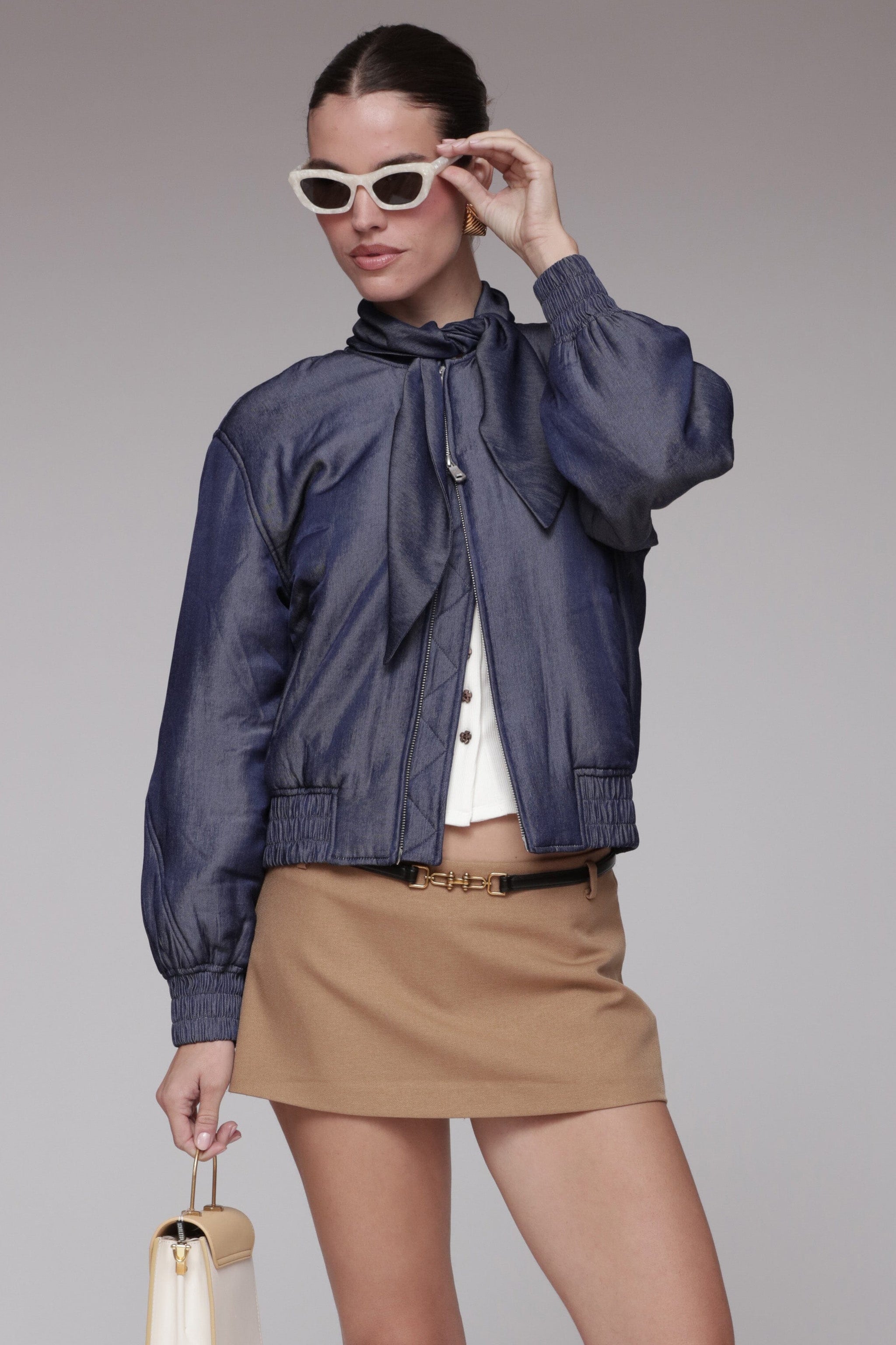 Scarf Tie Chambray Navy Blue Bomber Jacket