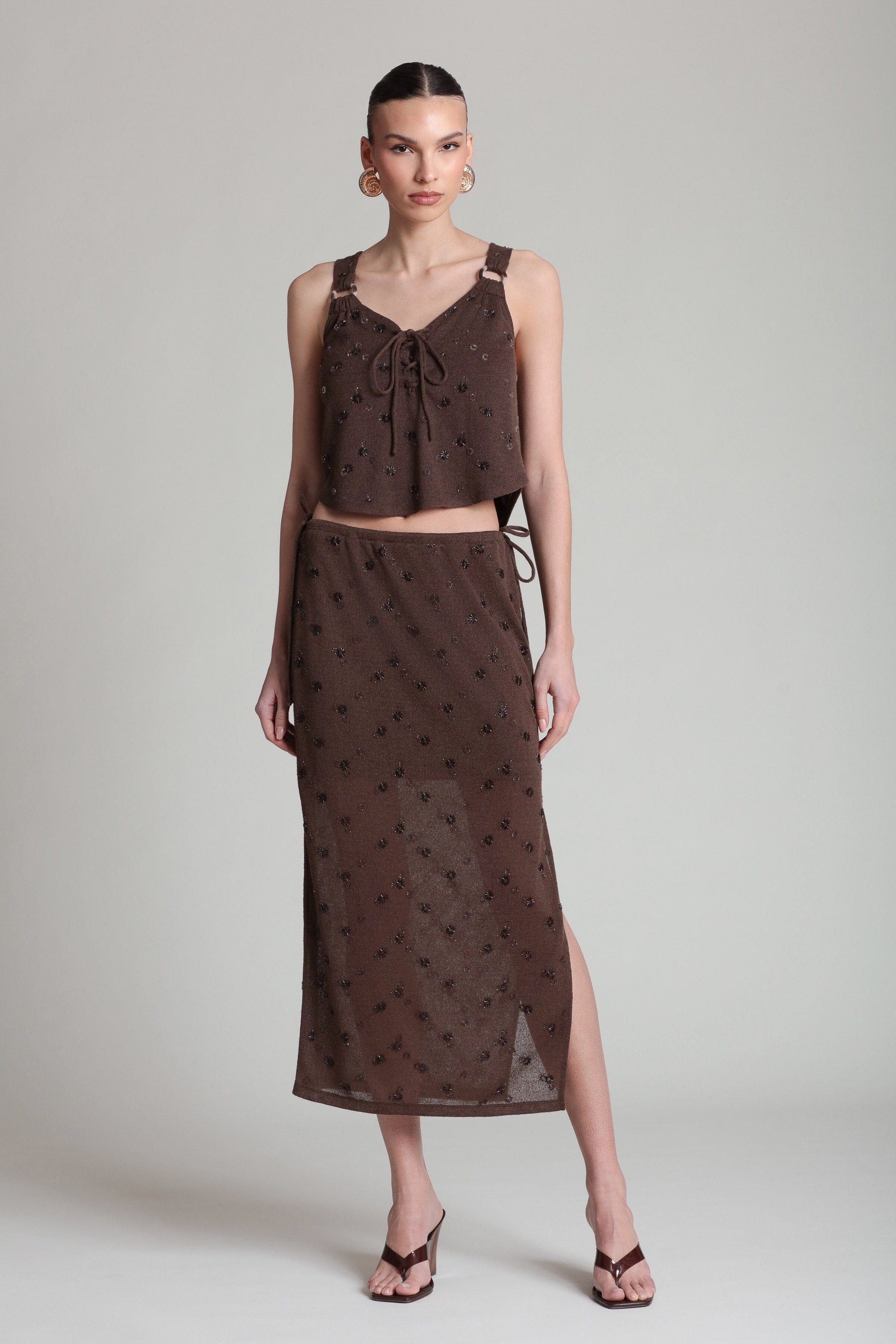 Beaded Knit Drawstring Dark Brown Midi Skirt